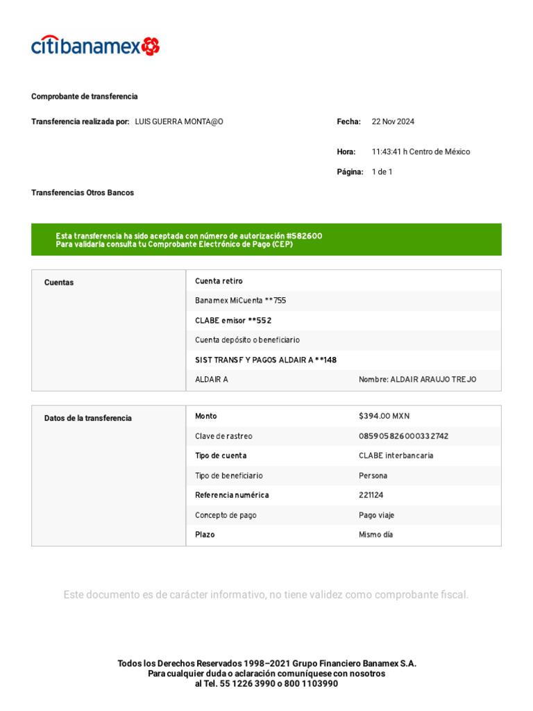 Comprobante Transferencia Banamex | PDF