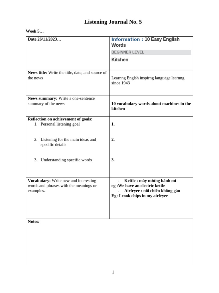 Listening Journals Template 2 | PDF