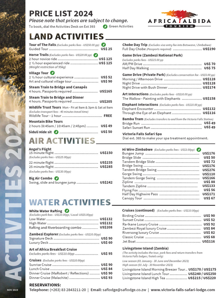 Activities Price List 2024 | PDF