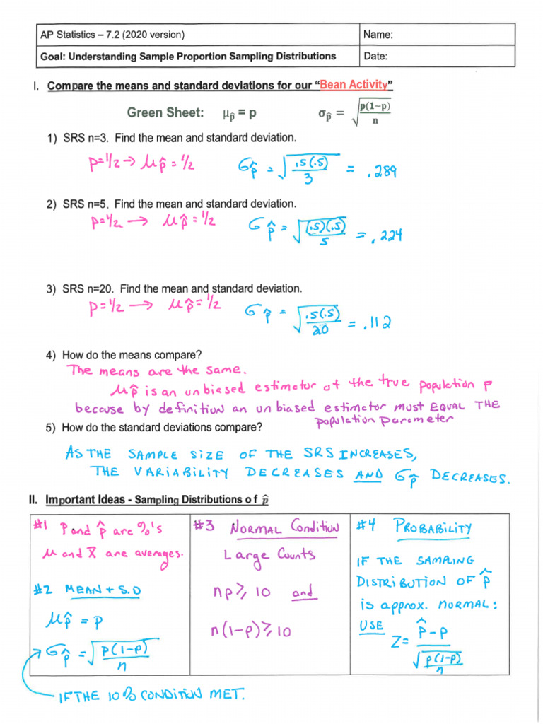 AP Stats 7.2 Sample Proportion Activity 2020 ANSWER KEY 1 | PDF