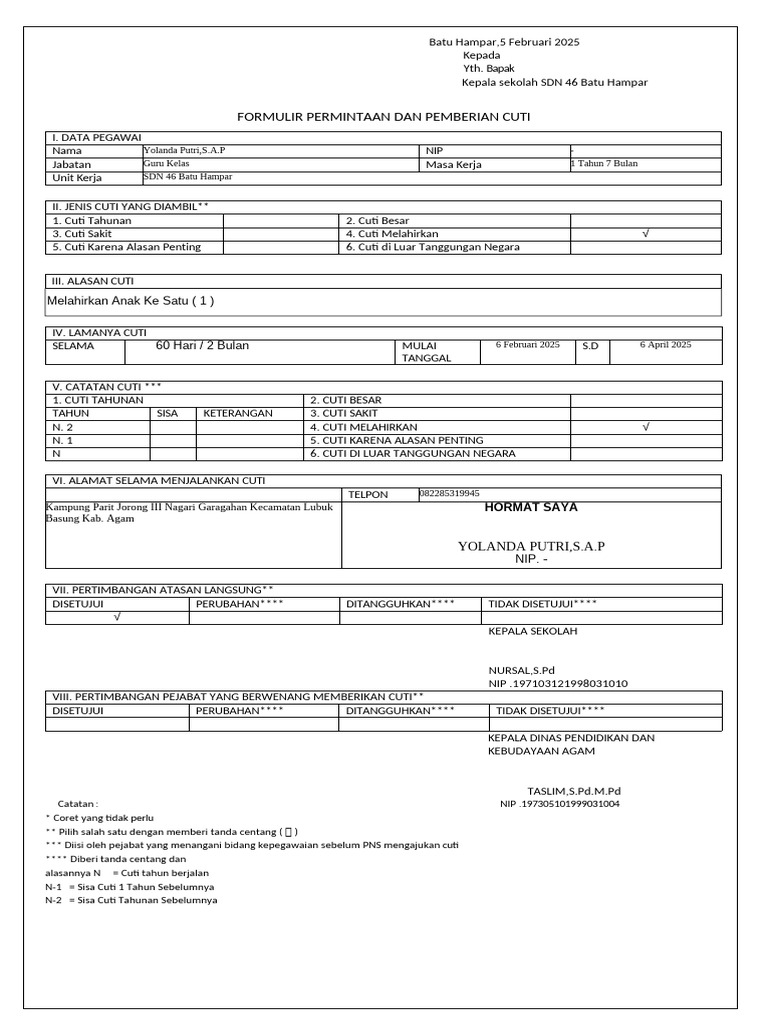 Surat Cuti Melahirkan PNS 2025 | PDF