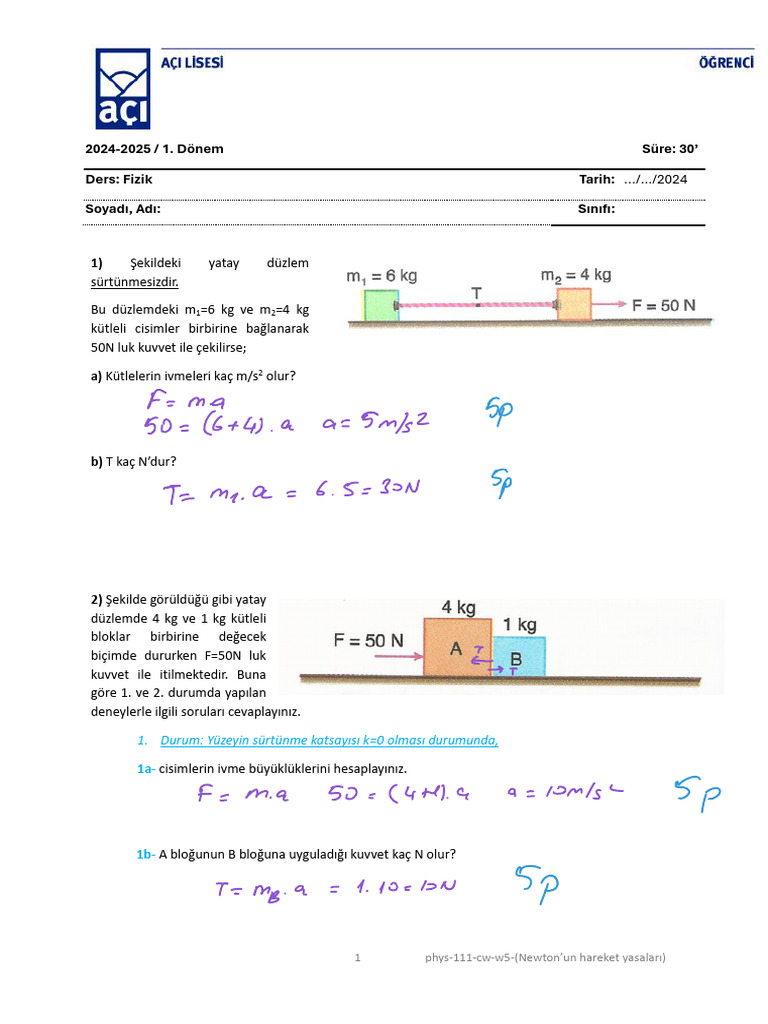 Phys-111-Cw-W6 - (Newtonun Hareket Yasaları) - Key | PDF