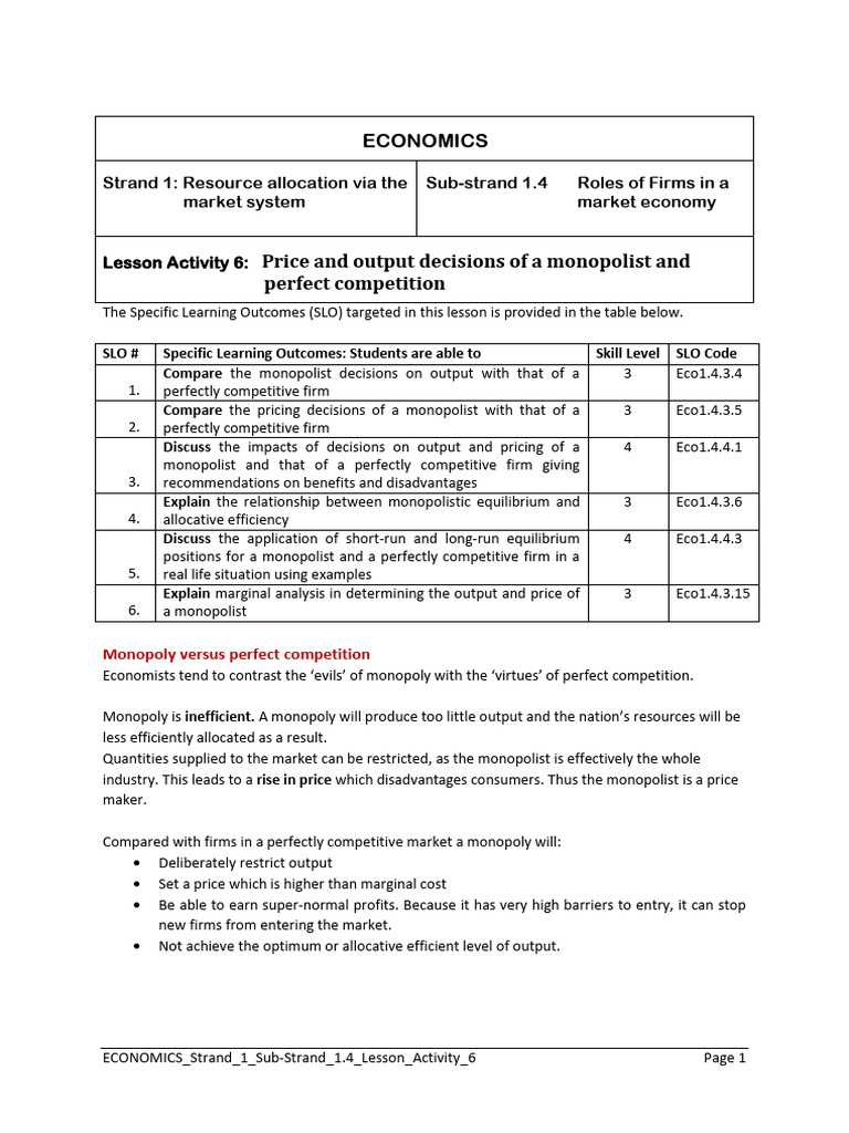 ECONOMICS Strand 1 Sub-Strand 1.4 Lesson Activity 6 | PDF | Monopoly ...