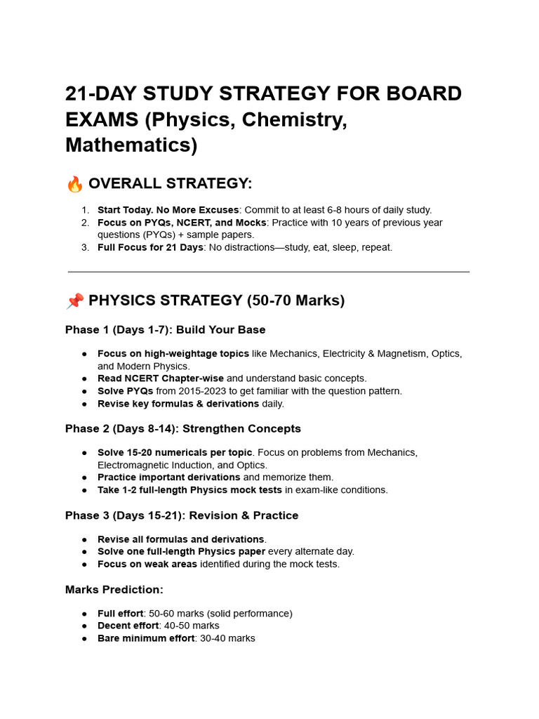 21-Day Study Strategy For Board Exams (Physics, Chemistry, Mathematics ...