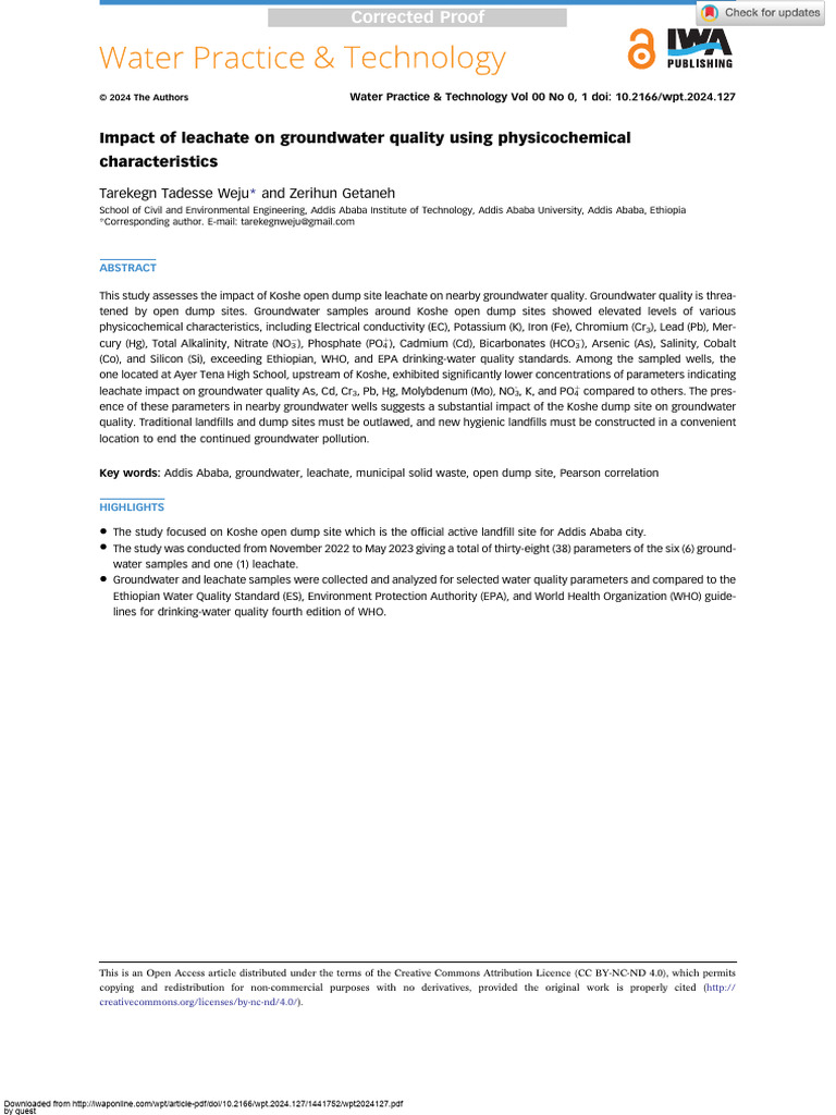 Impact of Leachate On Groundwater Quality Using Physicochemical ...