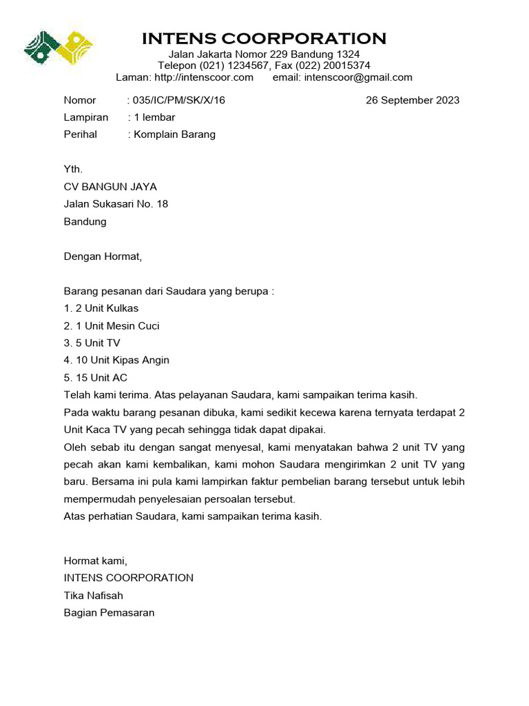 Surat Komplain Barang Pecah | PDF