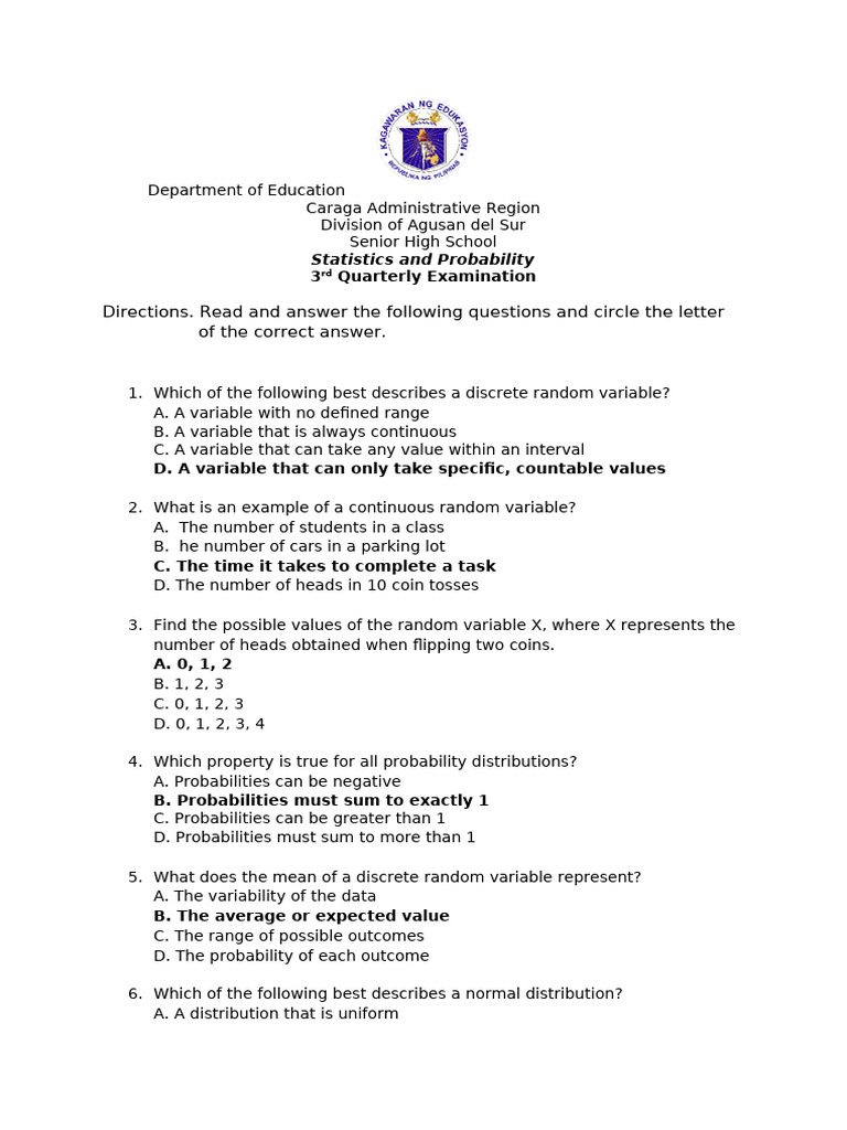 Stat. & Prob - Answer Key | PDF | Probability Distribution | Normal ...