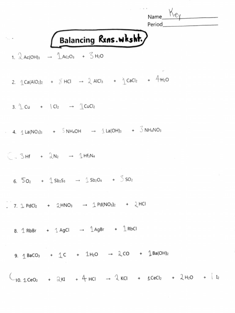 Balancing Reactions WS1 Key | PDF