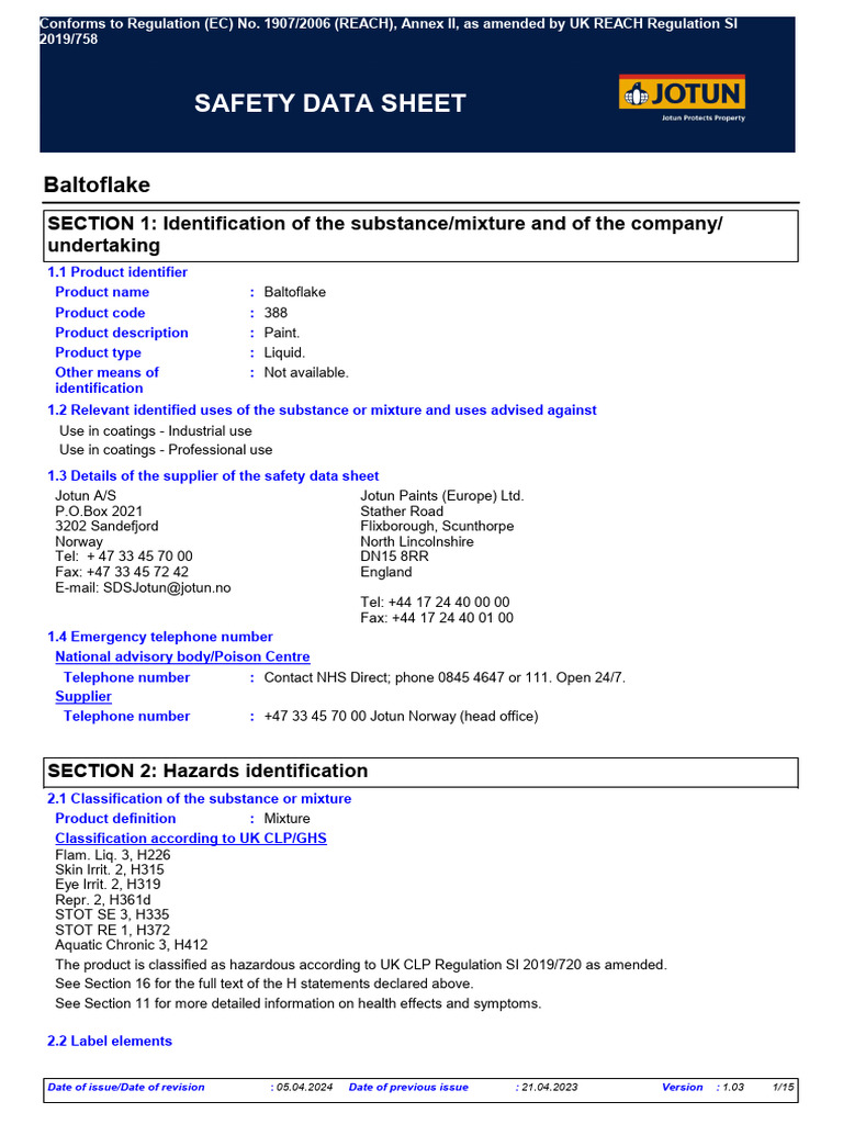 Baltoflake Safety Data Sheet | PDF | Waste | Toxicity