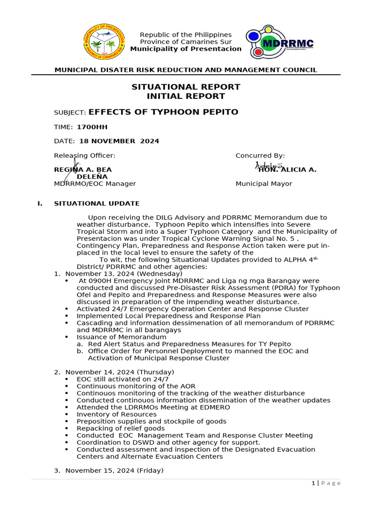 PRESENTACION SITUATIONAL REPORT ST PEPITO As of 11-18-2024 @1700H | PDF ...