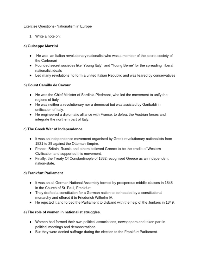 Nationalism in Europe Exercise Question Answers | PDF | Kingdom Of ...
