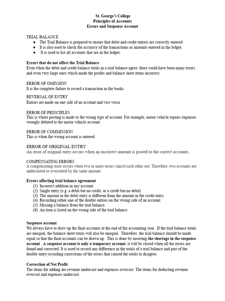 Errors and Suspense Account - Handout | PDF | Debits And Credits | Business