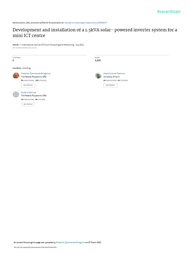 Development and Installation of A 1.5kVA Solar - Powered Inverter System For A Mini ICT Centre ...