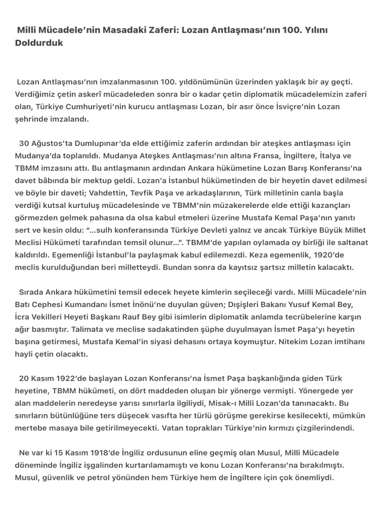 Milli Mücadele'Nin Masadaki Zaferi: Lozan Antlaşması'Nın 100. Yılını | PDF
