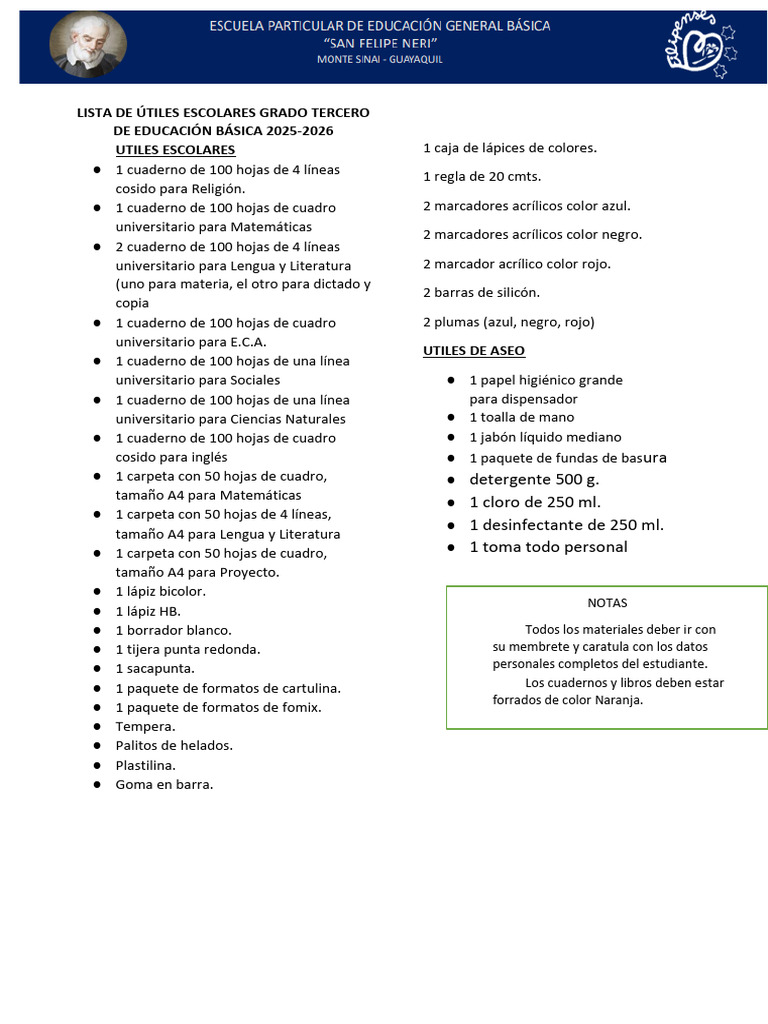 Lista de Útiles 3ero de Basica | PDF