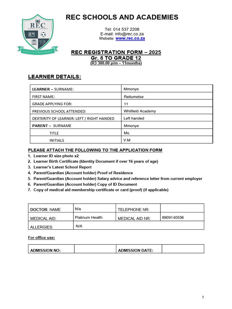 2025 Rec Secondary School Grade 8 - 12 | PDF | Identity Document ...