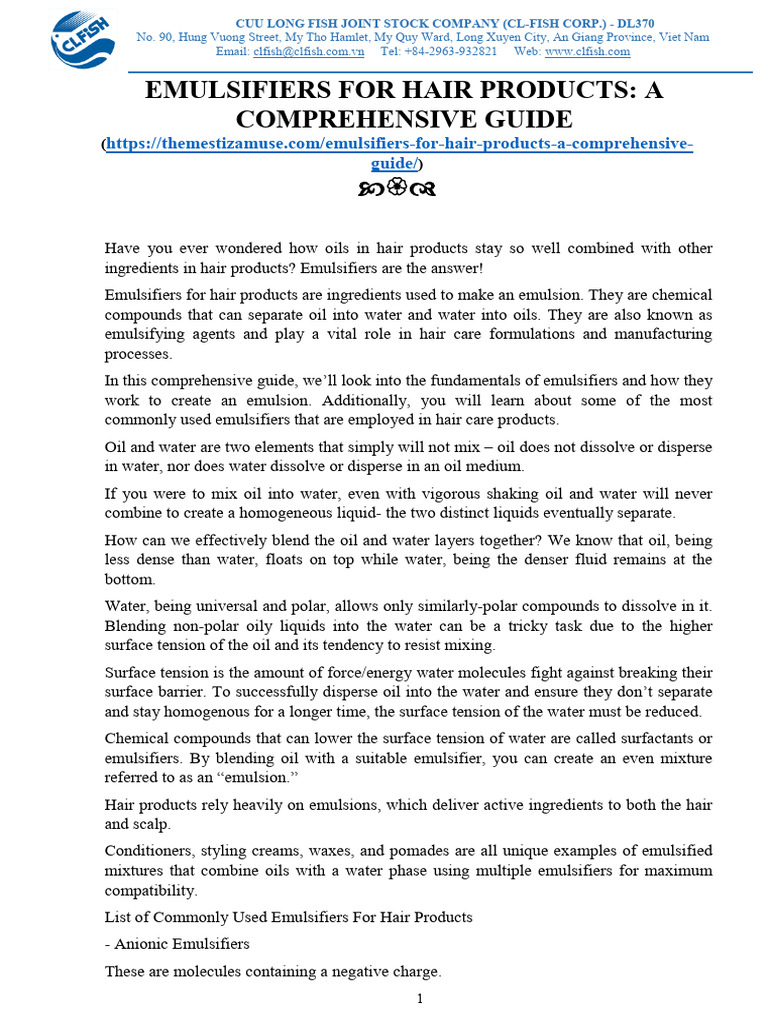 Hair Product Emulsifiers Guide | PDF | Emulsion | Phase (Matter)