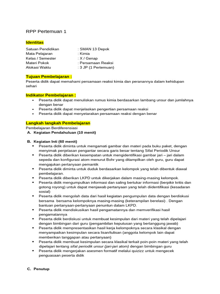 RPP Pertemuan Kimia X Genap | PDF