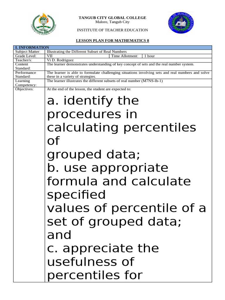 Lesson Plan: Subsets of Real Numbers | PDF | Percentile | Learning