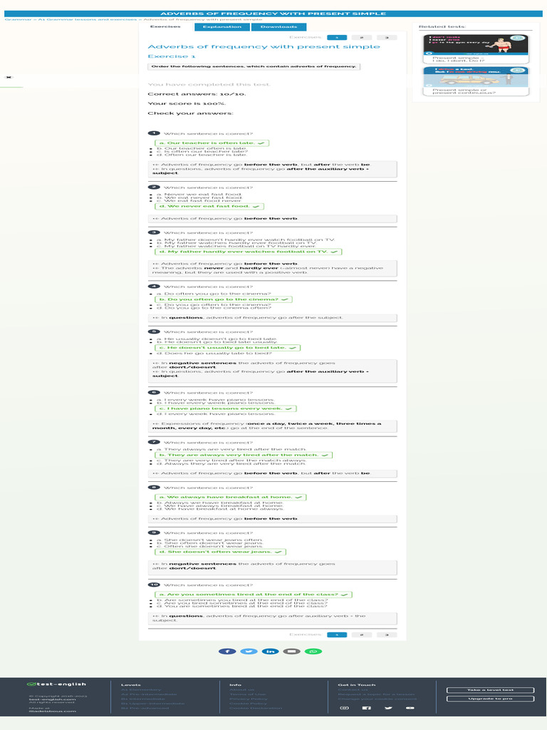Adverbs of Frequency With Present Simple - Test-English | PDF | Verb ...