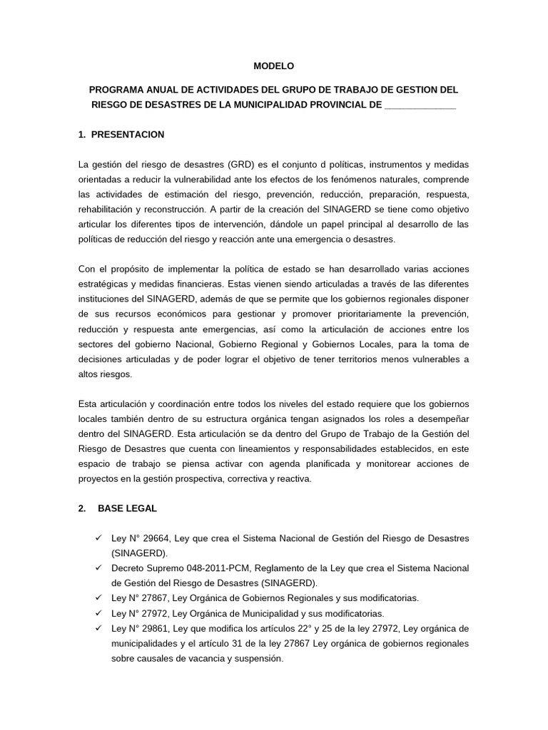 Modelo de Program Anual de Actividades de Grupo Trabajo GRD 2019 | PDF | Reducción de Desastres ...