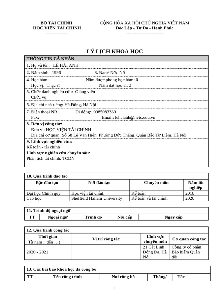 Ly Lich Khoa Hoc CA Nhan Le Hai Anh 3 | PDF