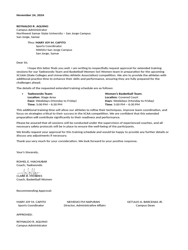 Request for Extended Sports Training Sessions | PDF