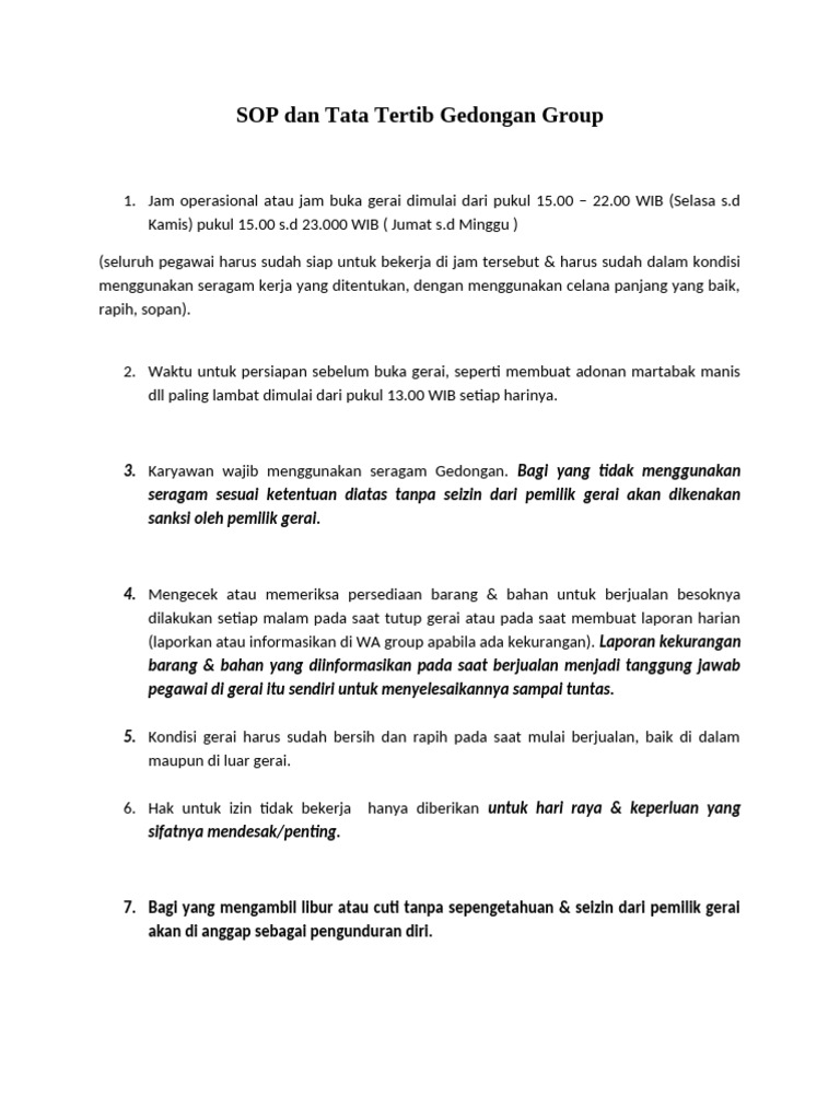 SOP Dan Tata Tertib Gedongan Group | PDF