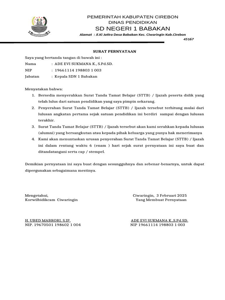 Surat Pernyataan Penyerahan STTB, Ijazah | PDF