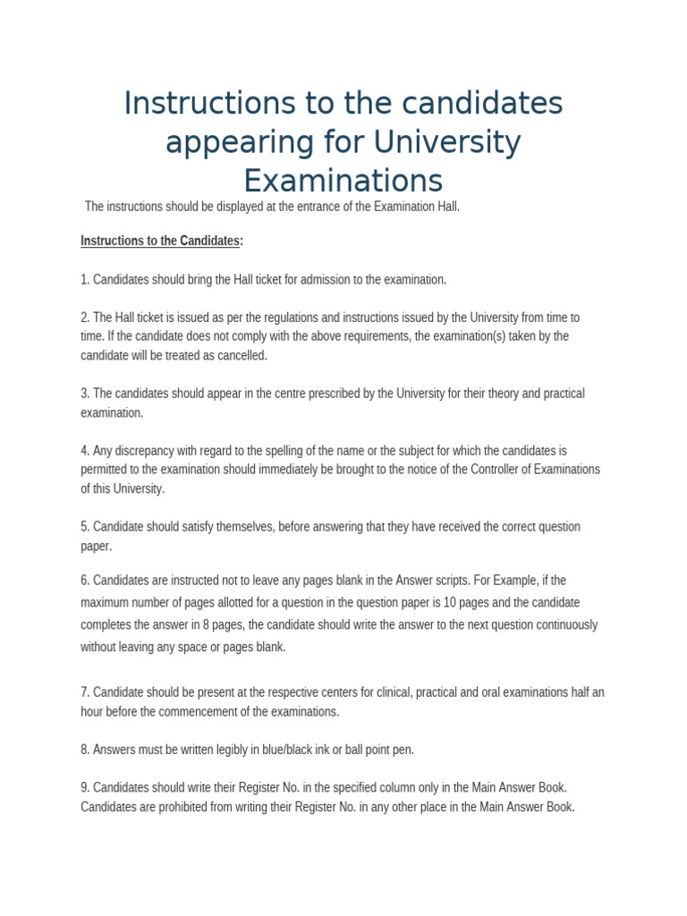 University Exam Instructions for Candidates | PDF
