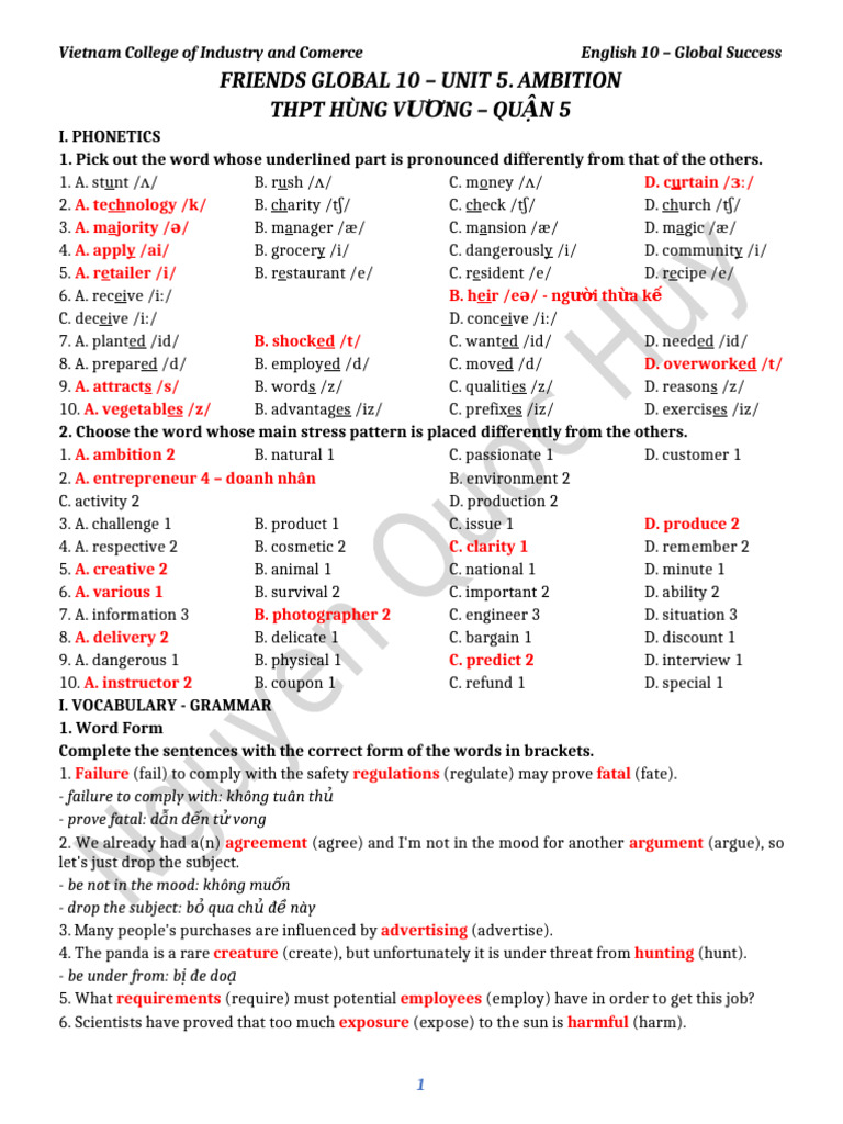 Friends Global 10 - Unit 5 - THPT Hùng Vương - Q5 - Key | PDF | Tourism ...