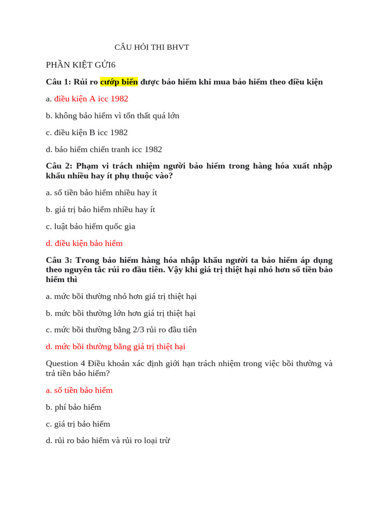 CÂU HỎI THI BHVT | PDF