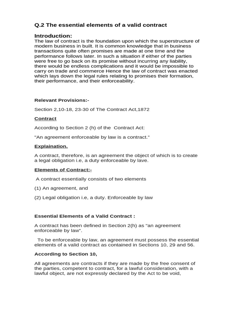 Q.2 The Essential Elements of A Valid Contract Are As | PDF | Consideration | Law Of Obligations