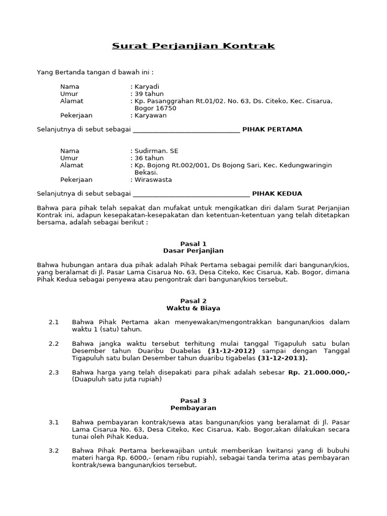 Surat Perjanjian Kontrak Pekerjaan | PDF