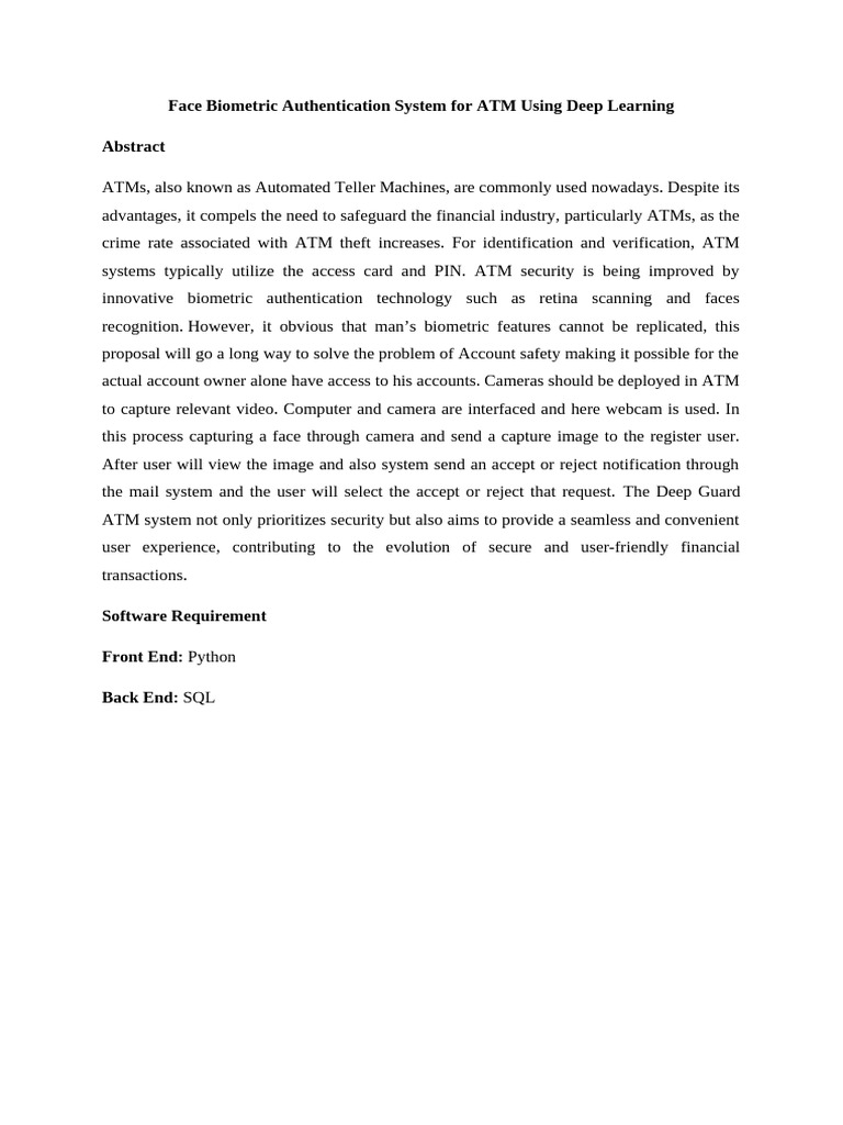 Face Biometric Authentication System for ATM Using Deep Learning | PDF