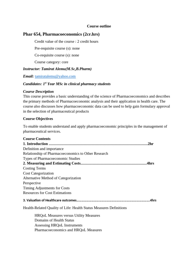 Applied Pharmacoeconomics Course Outline For MSC Programs 1 | PDF ...