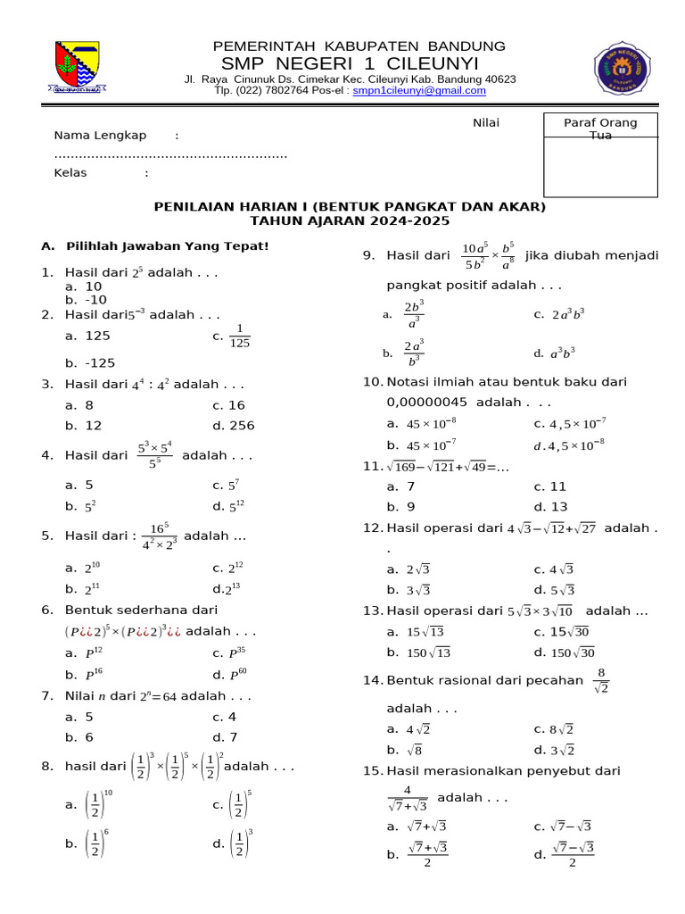 PH Bentuk Pangkat Dan Akar Kelas 8 | PDF