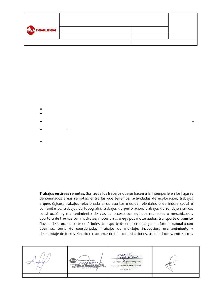 RA-RAU-SSO-TAR-EST-08 Trabajos en Areas Remotas | PDF | Minería ...