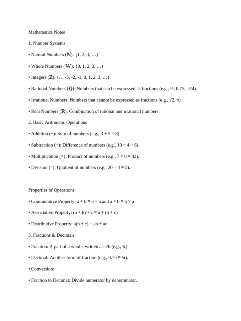 Comprehensive Mathematics Notes | PDF | Multiplication | Numbers
