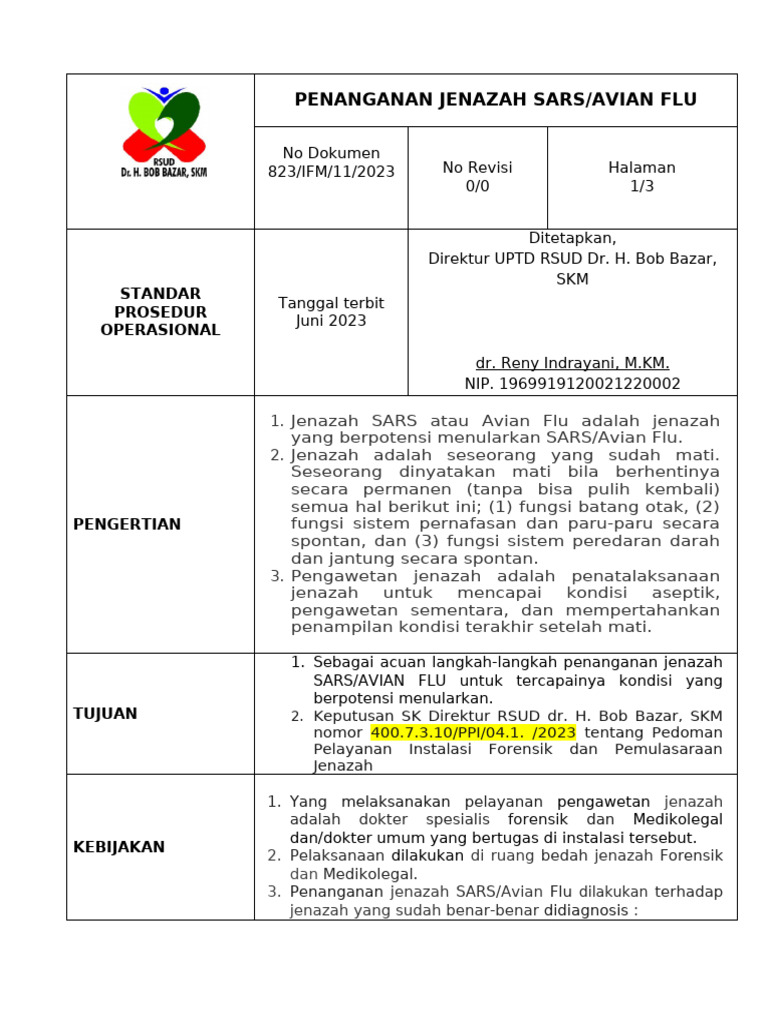 Prosedur Penanganan Jenazah SARS/Avian Flu | PDF