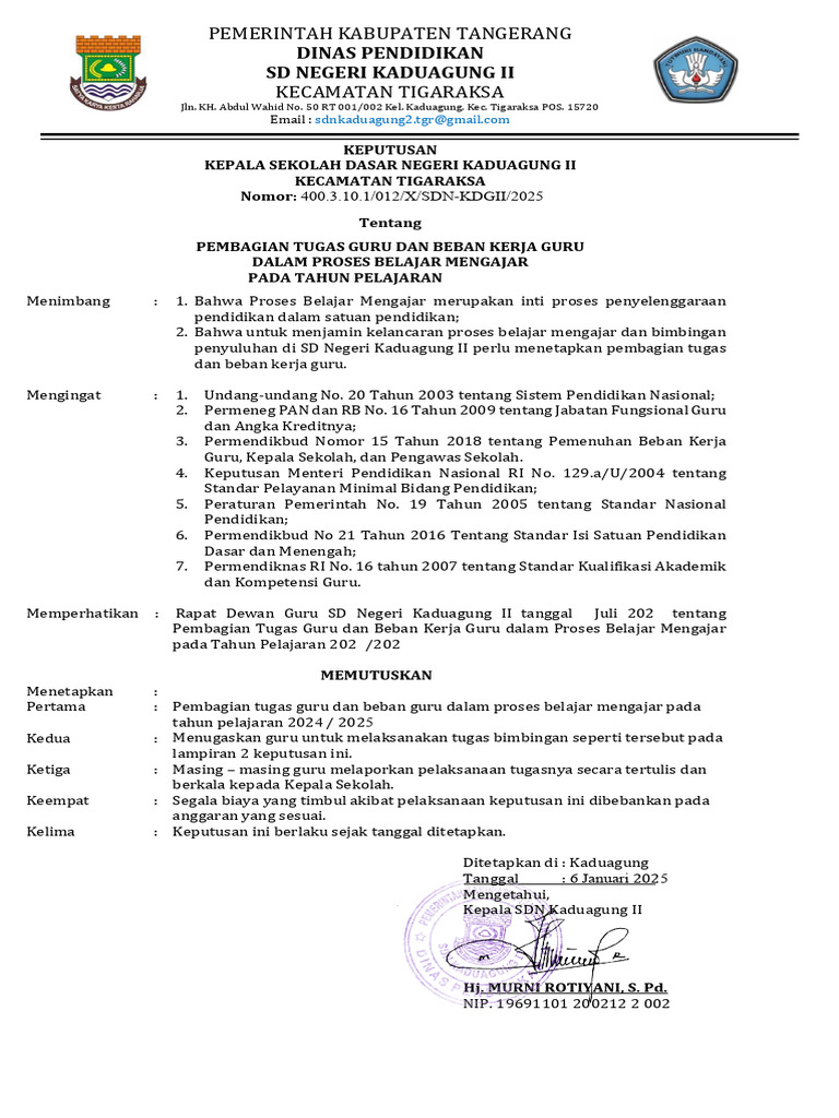 SK PEMBAGIAN TUGAS MENGAJAR 2024-2025 - Rev | PDF