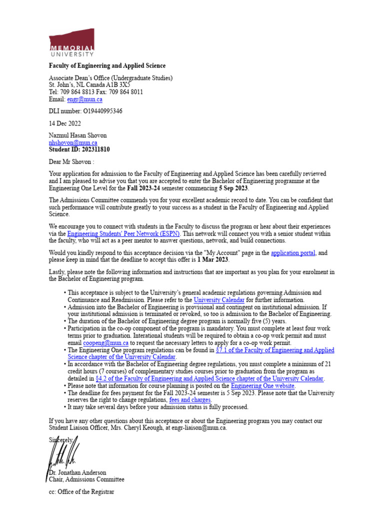 Engineering Admission Acceptance Letter | PDF | Higher Education ...