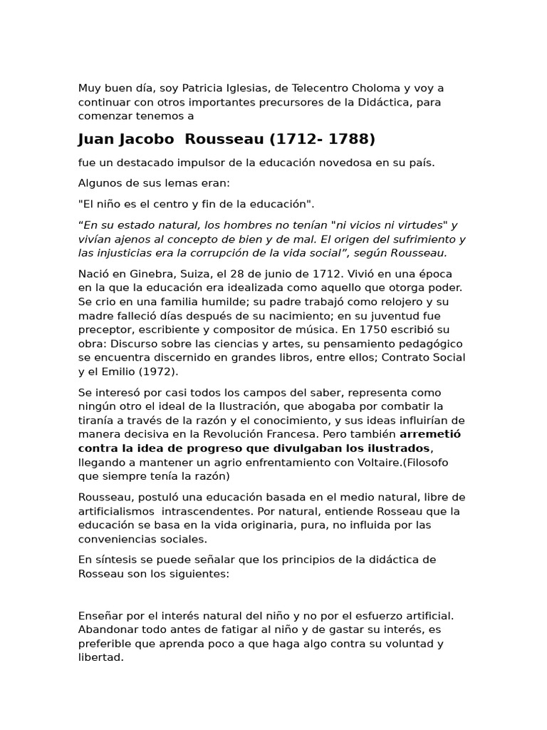 Precursos de La Didactica - Juan Jacobo Rousseau - Juan Enrique ...