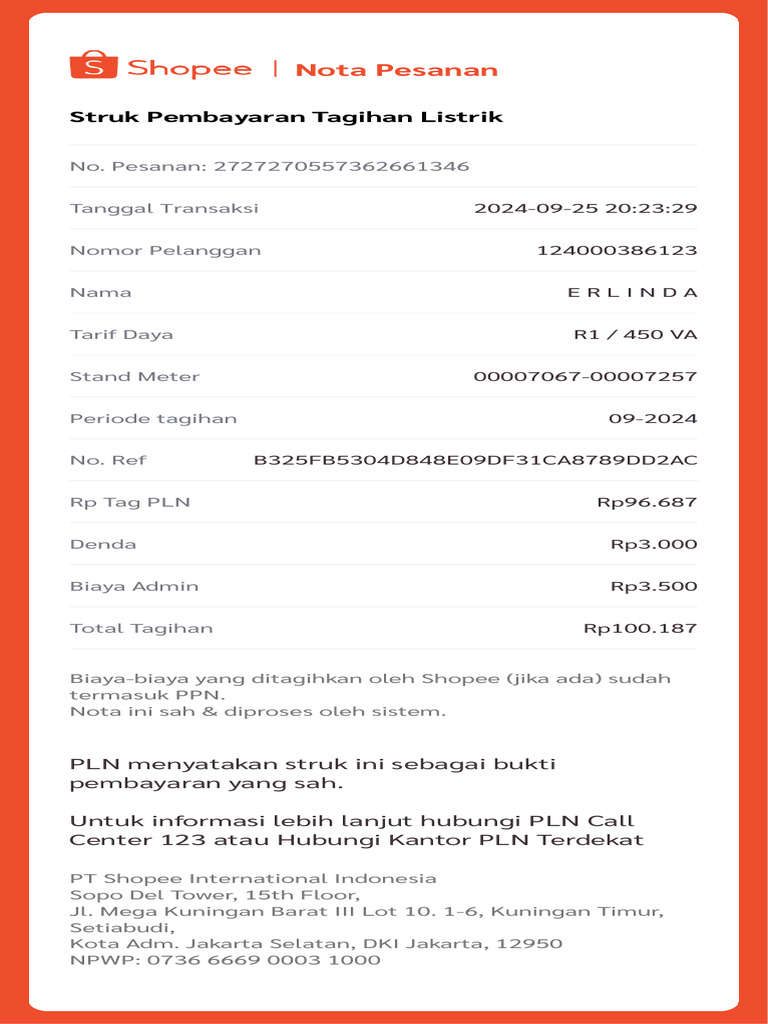 Struk Pembayaran Tagihan Listrik PLN | PDF