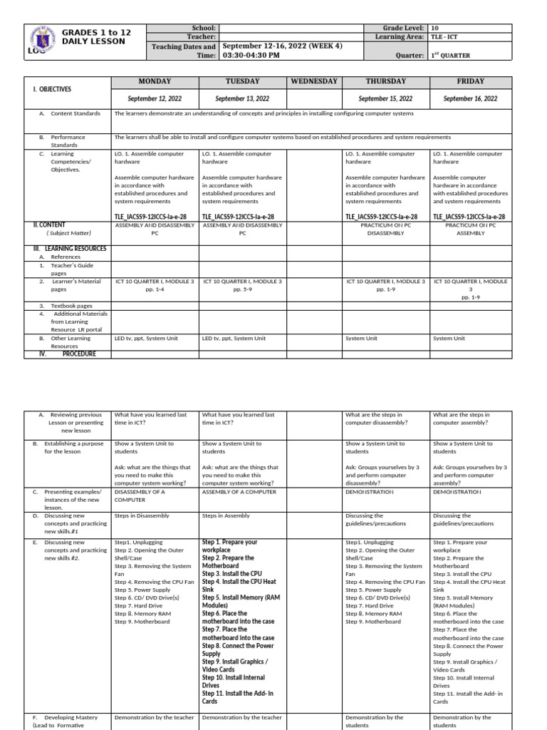 DLL - Tle Ict Css 10 - q1 - w4 | PDF | Educational Technology | Learning