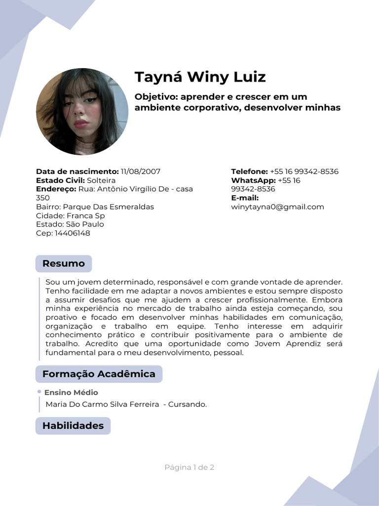 Jovem Aprendiz: Tayná Winy Luiz | PDF