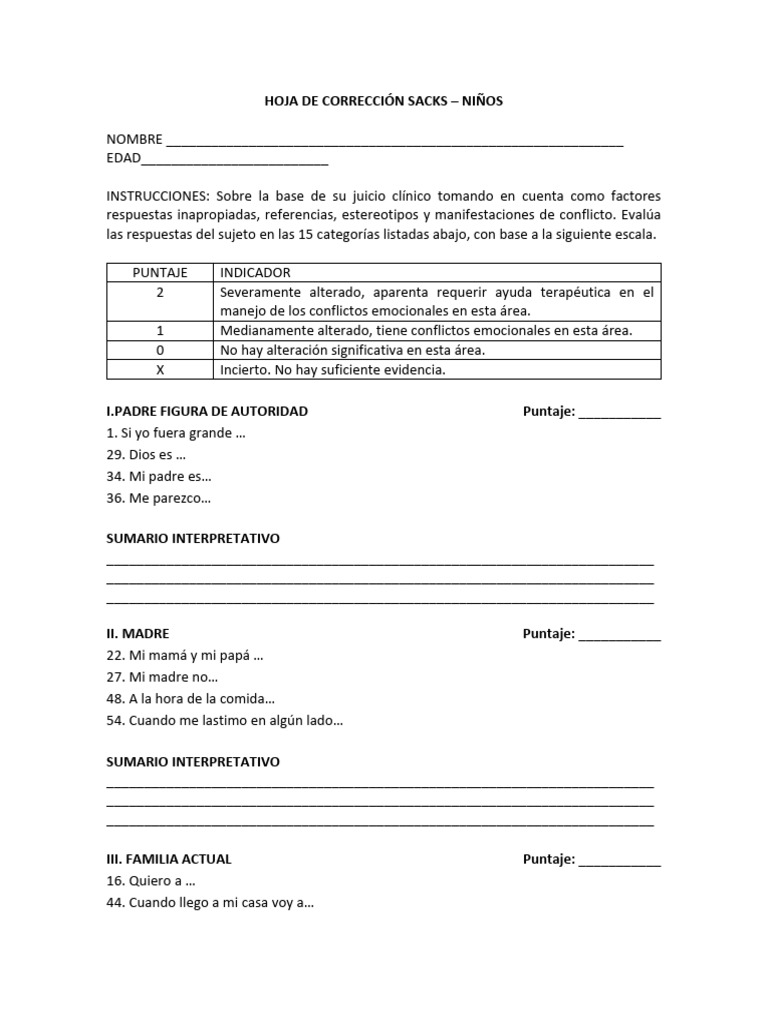Hoja de Corrección Sacks Niños | PDF