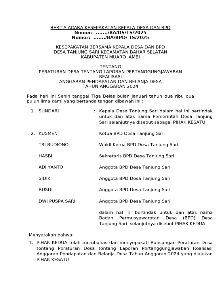 Berita Acara Kesepakatan Kepala Desa Dan BPD | PDF
