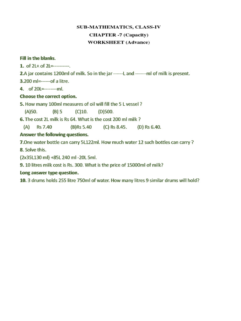 Class IV Math Worksheet on Capacity | PDF
