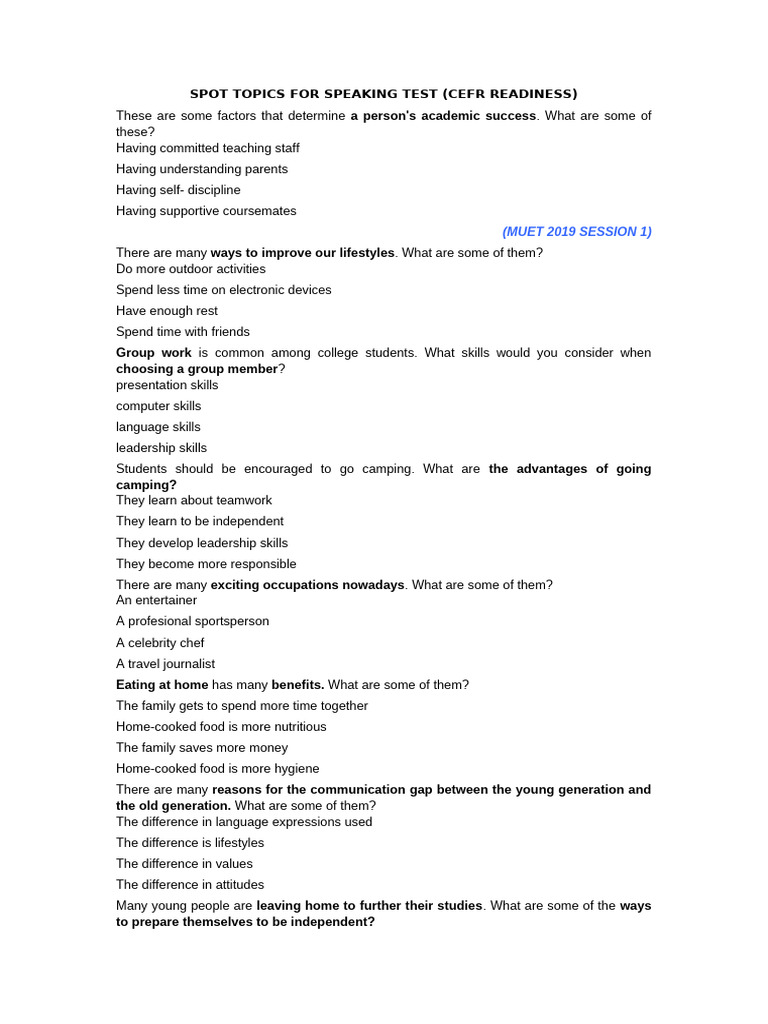 SPEAKING TEST TOPICS | PDF